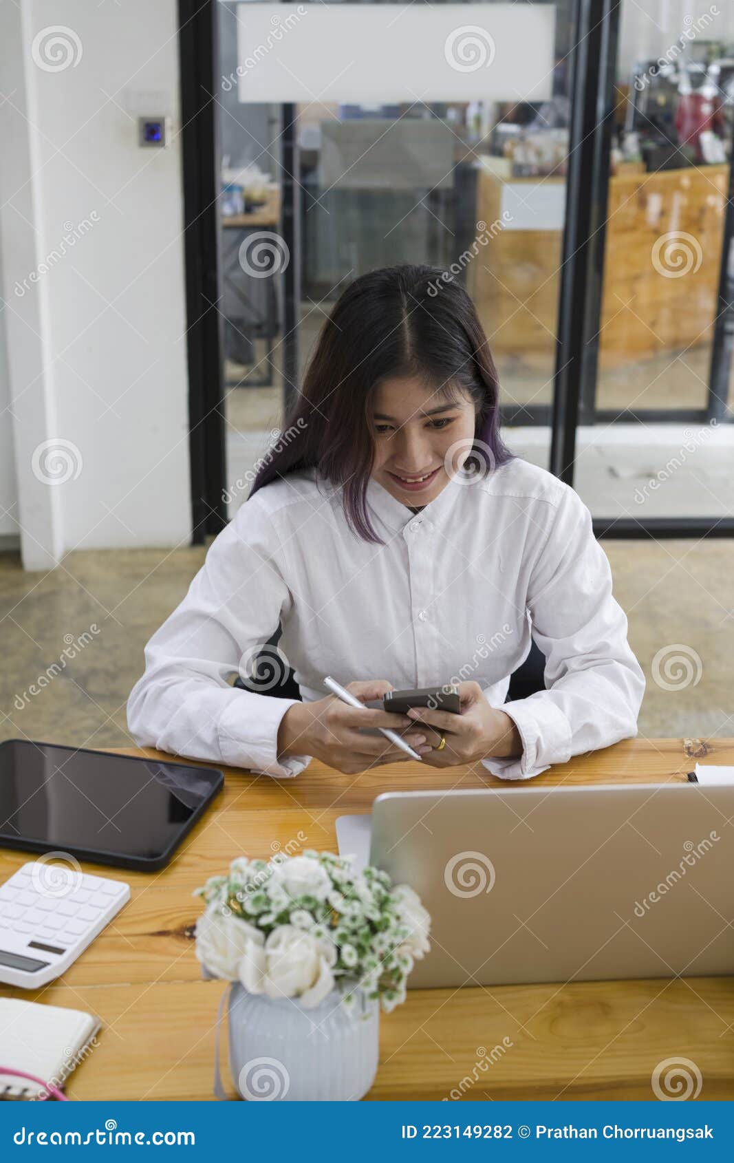 Office Worker Using Mobile Phone at Office Desk. Stock Photo - Image of ...