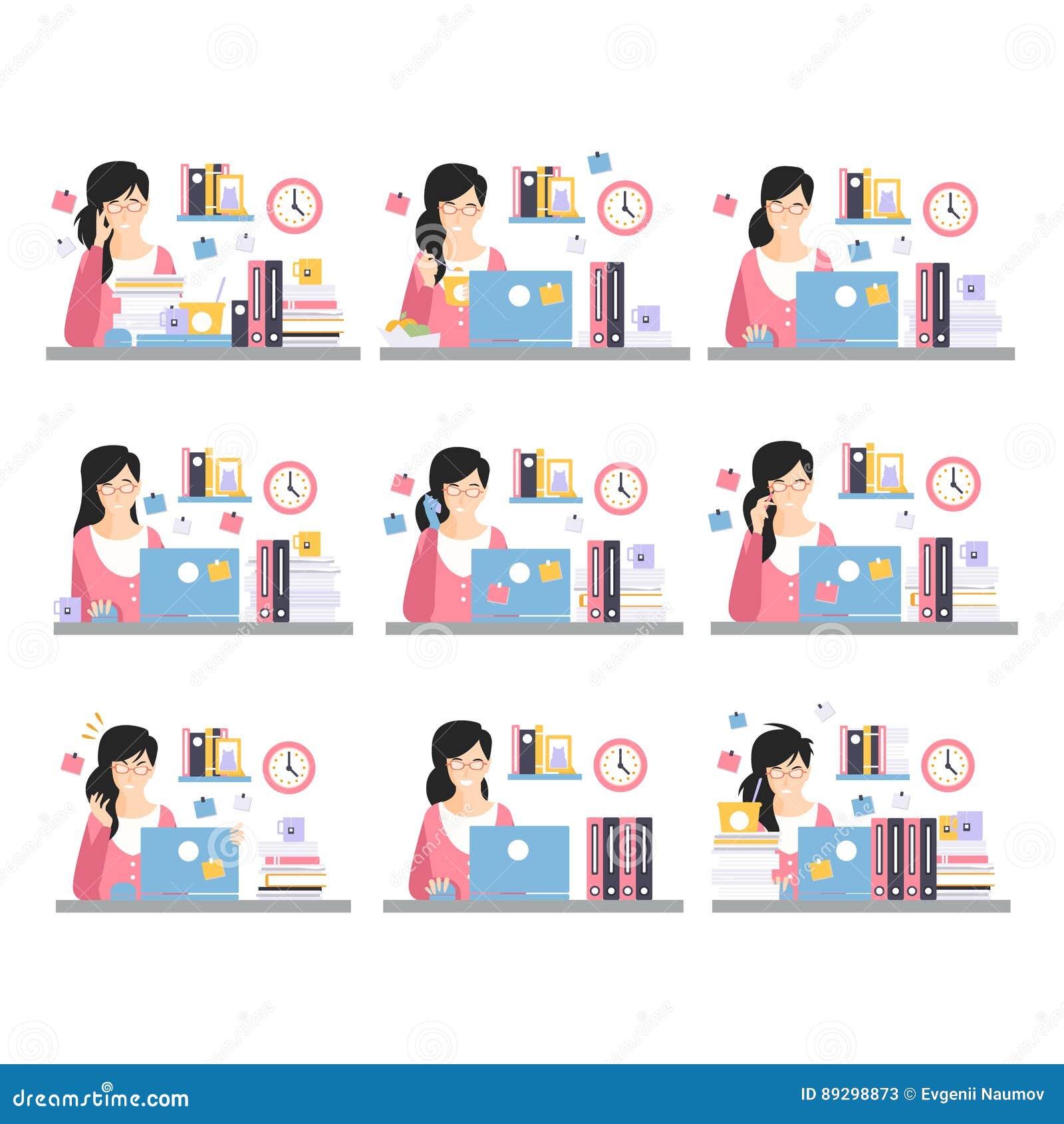 Female Office Worker daily Work Scenes with Different Emotions, Set of ...