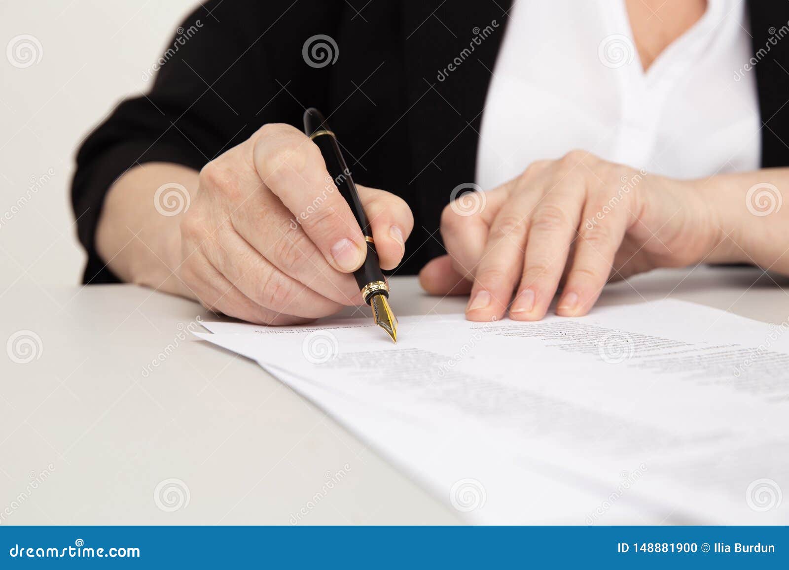 Female Office Worker Writing on Paper Documents by Pen. Stock Photo ...