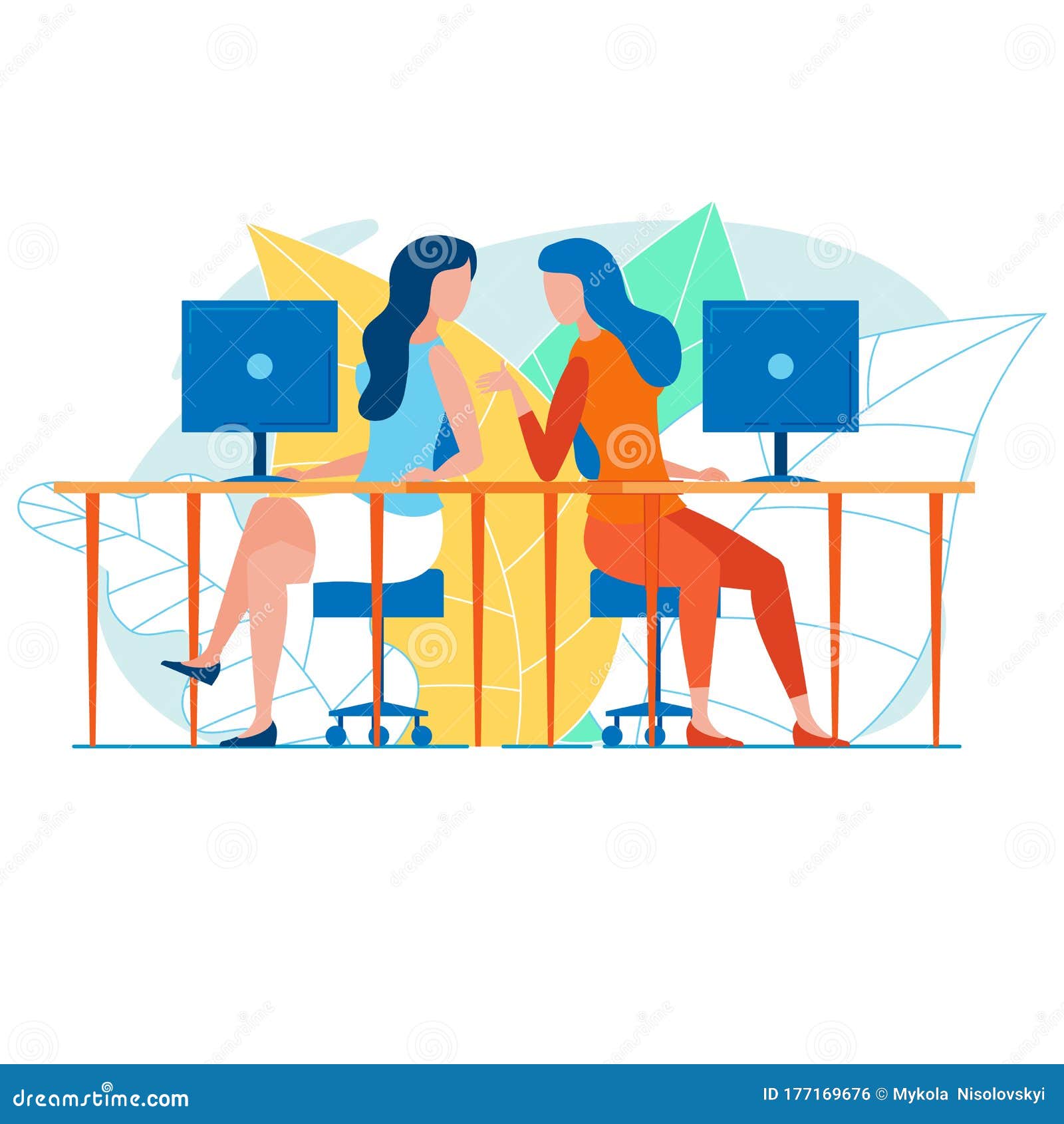 Female Office Workers Talking Shop at Their Desks Stock Vector ...