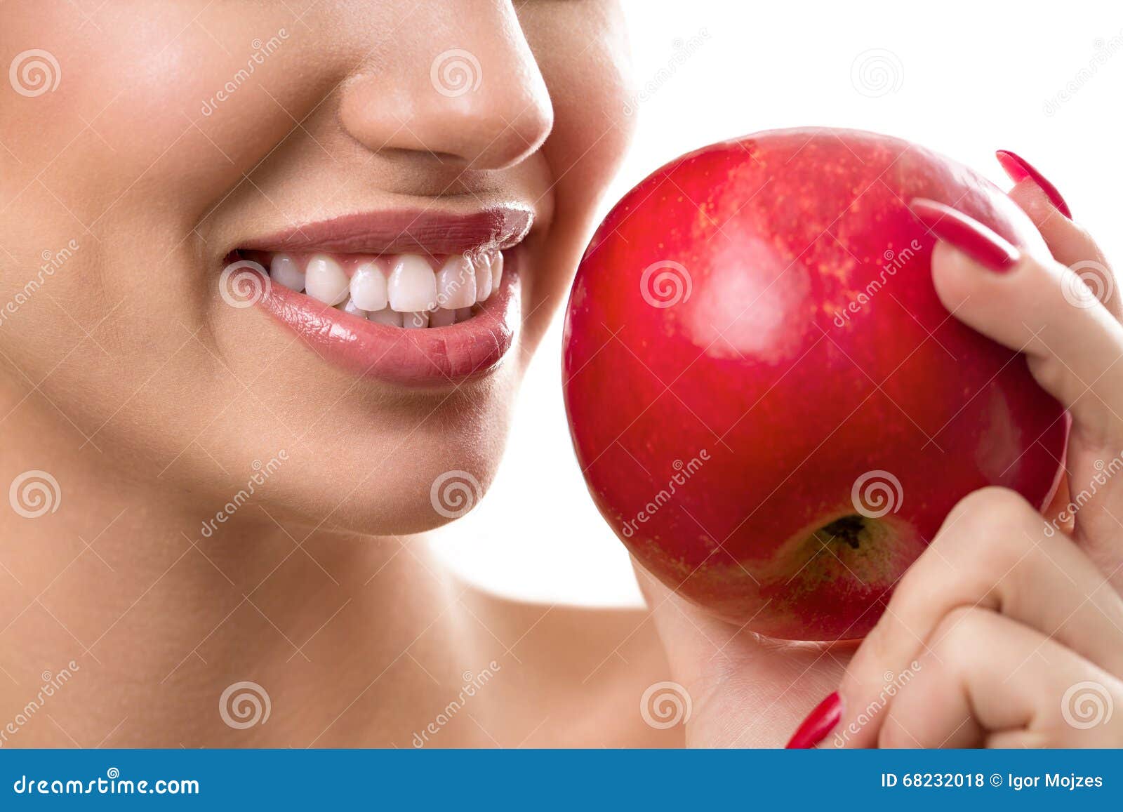 Female Open Mouth with Perfect Teeth and Red Apple Stock Photo - Image ...