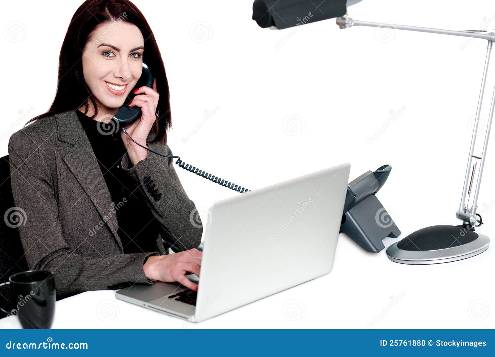 Female Operator Talking on Phone and Smiling Stock Photo - Image of ...