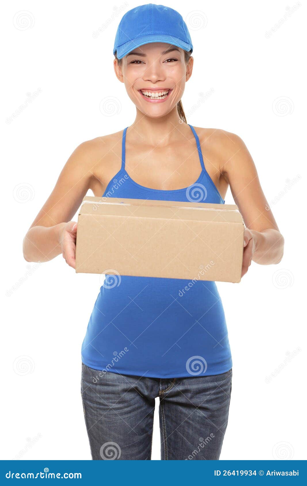 Female Package Delivery Person Stock Photo - Image of beautiful, blue ...
