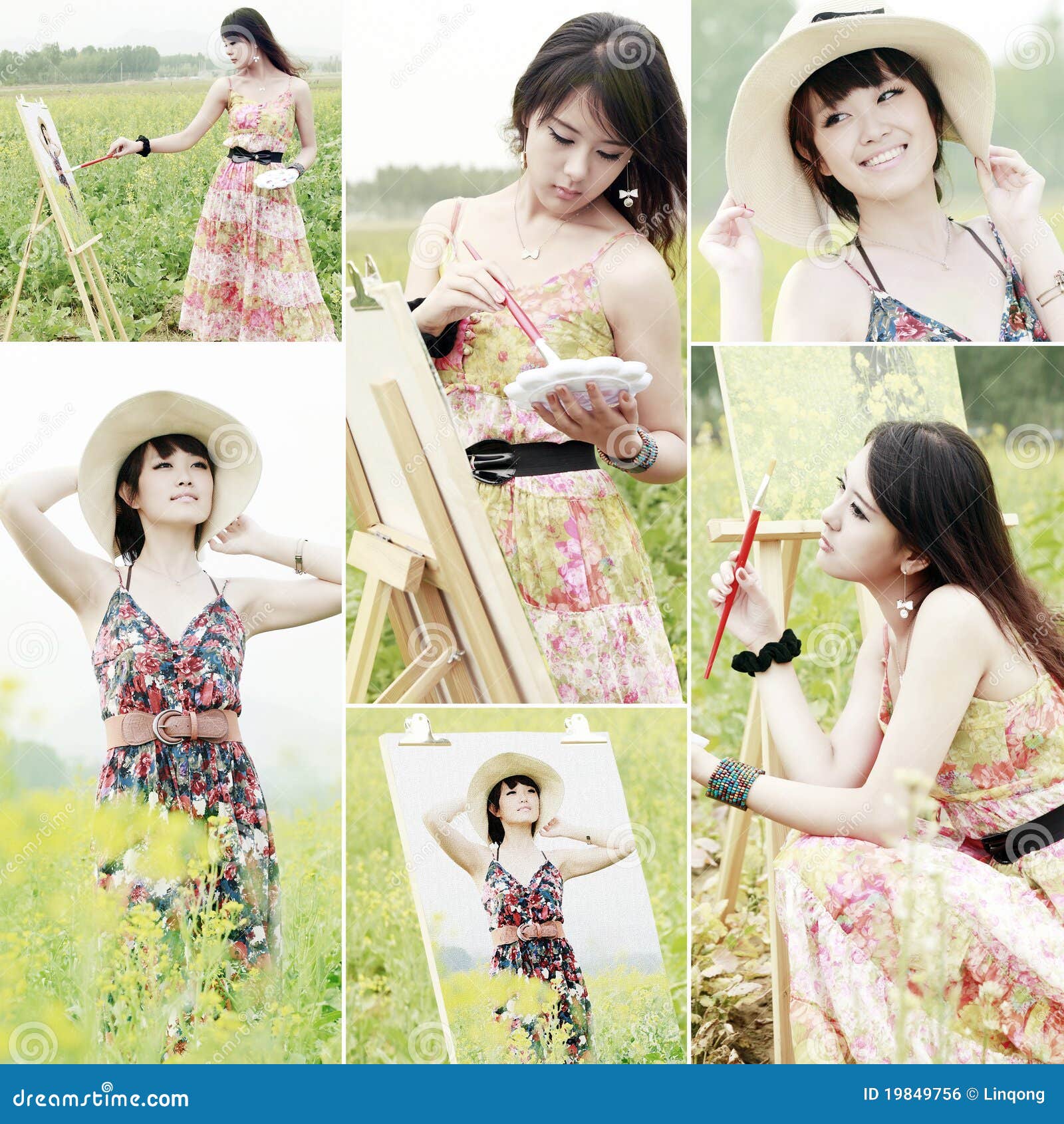 Female Painter Applying Paint On Canvas With Fingers While Creating A ...