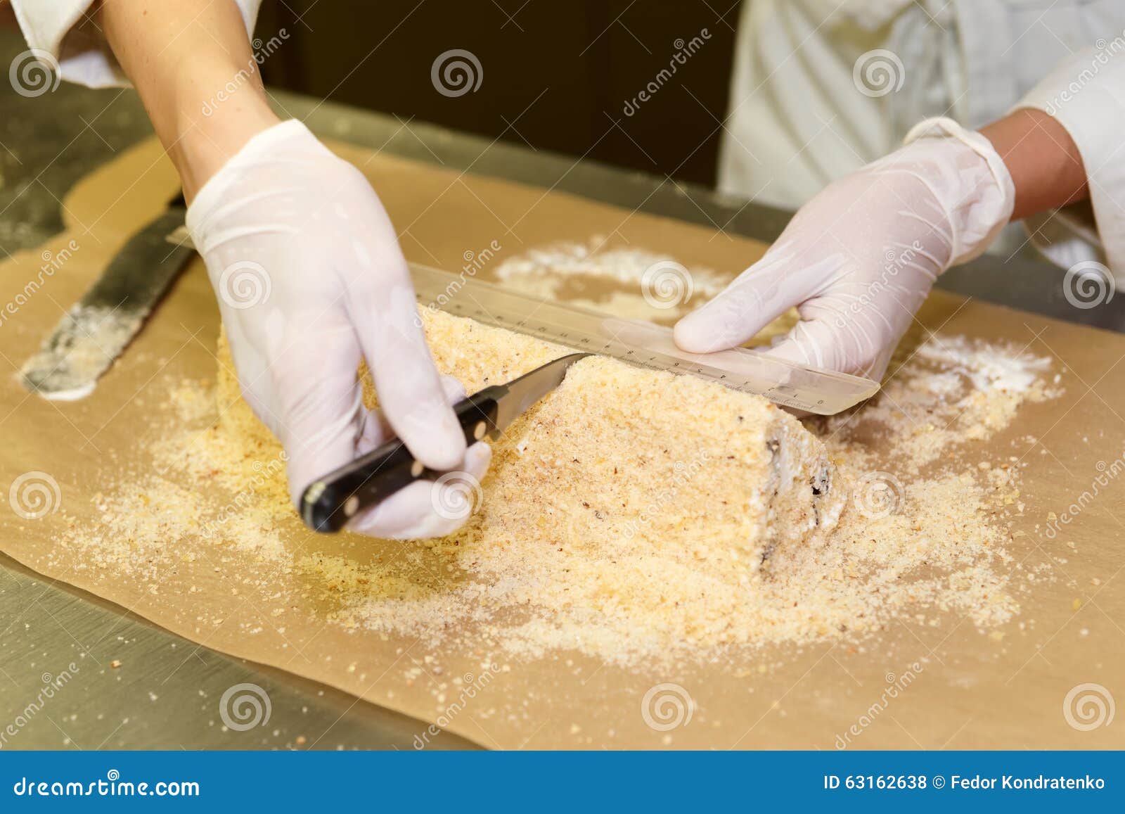 Female Pastry Chef is Portioning the Dessert Stock Photo - Image of ...