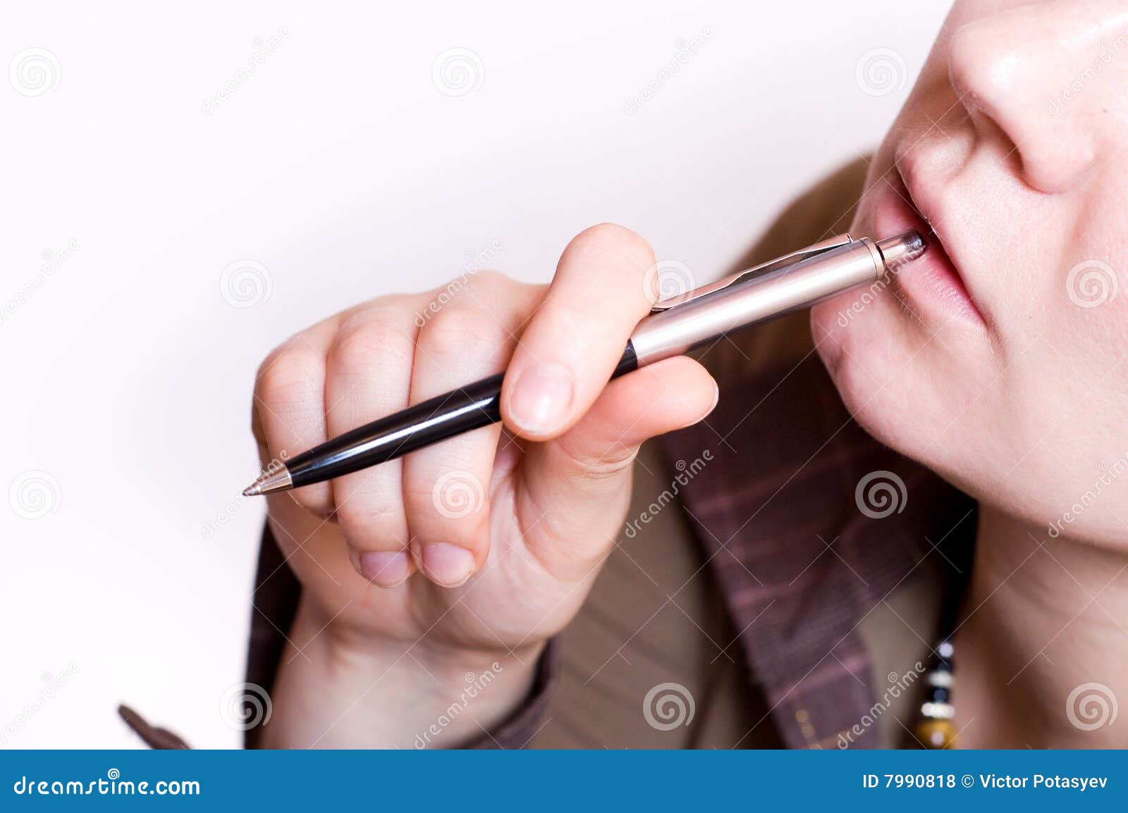 Female with pen stock photo. Image of white, brown, woman - 7990818