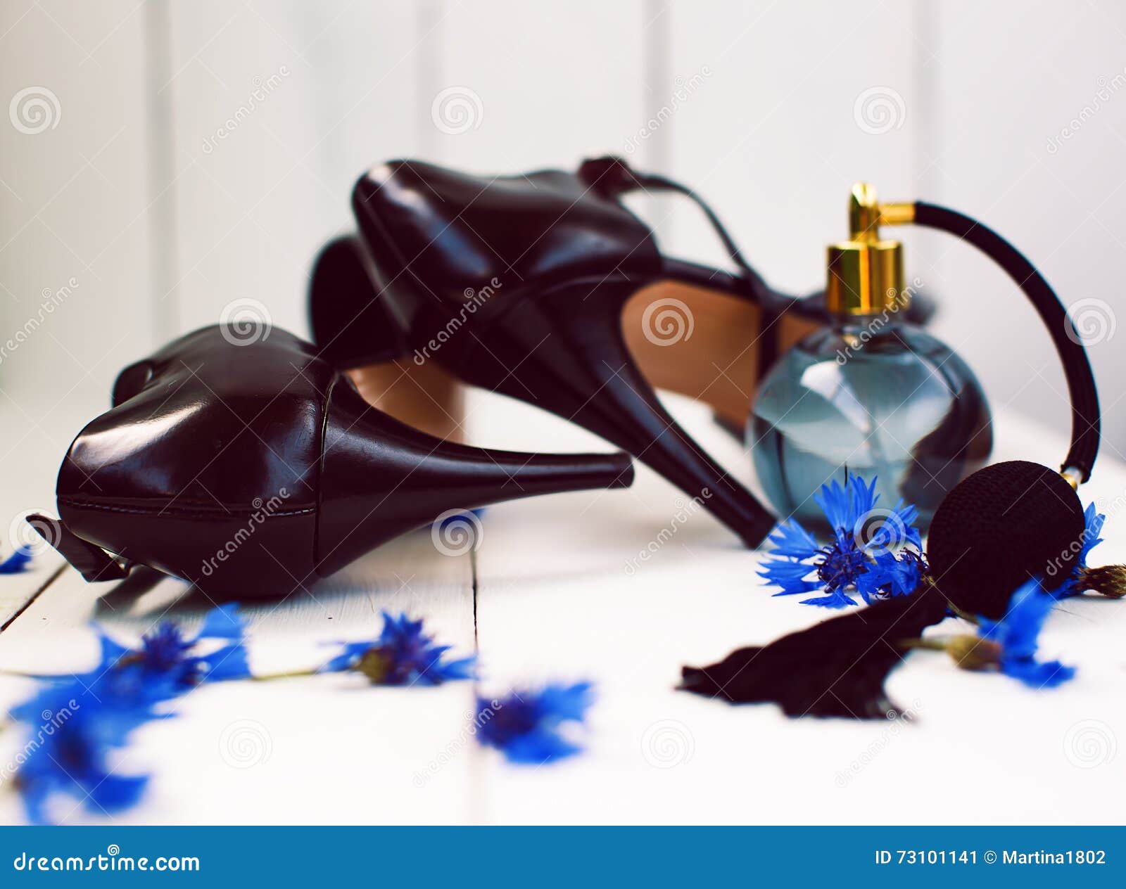 Female perfume and shoes stock image. Image of flower - 73101141