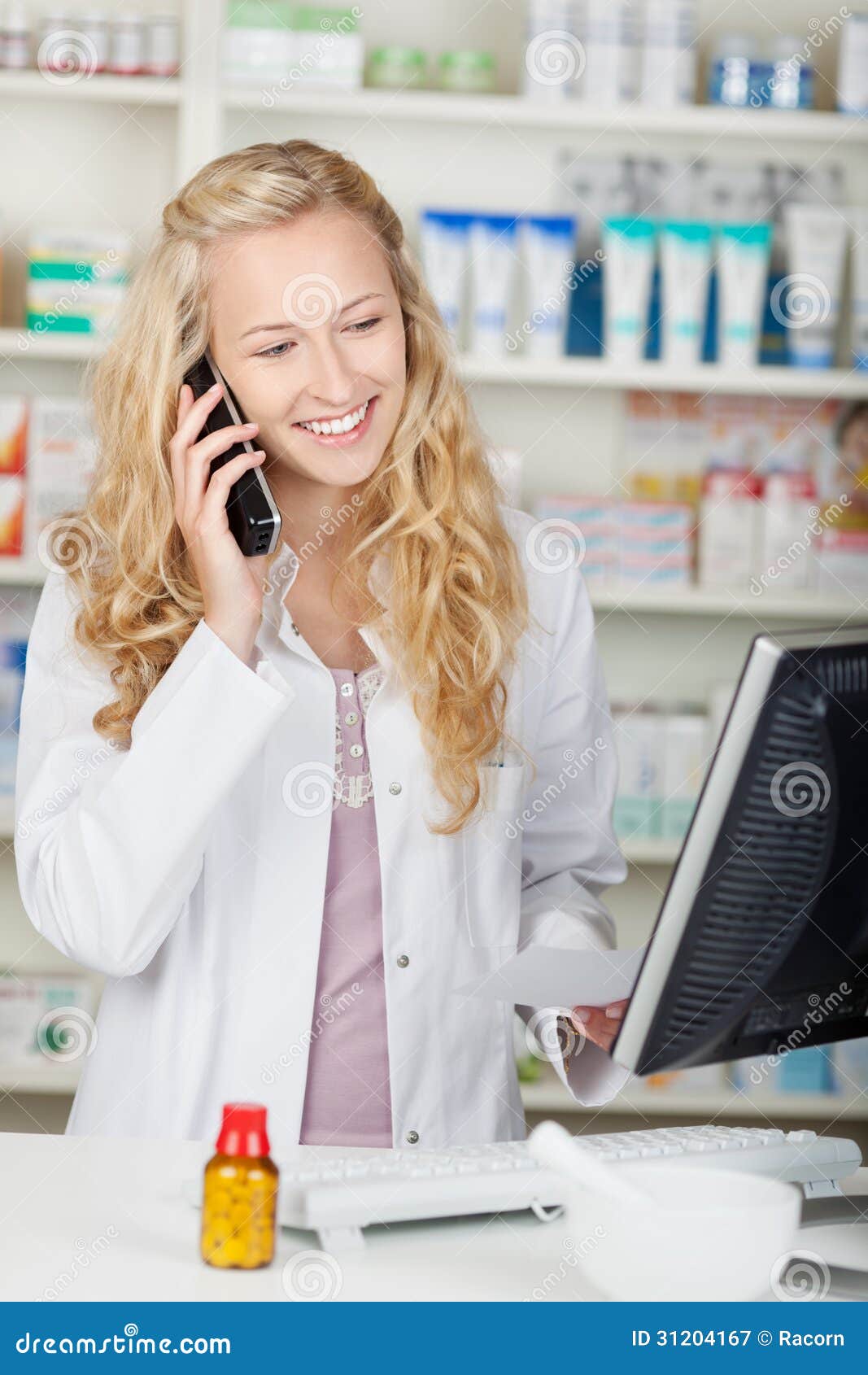 Female Pharmacist Communicating Stock Image - Image of focus ...