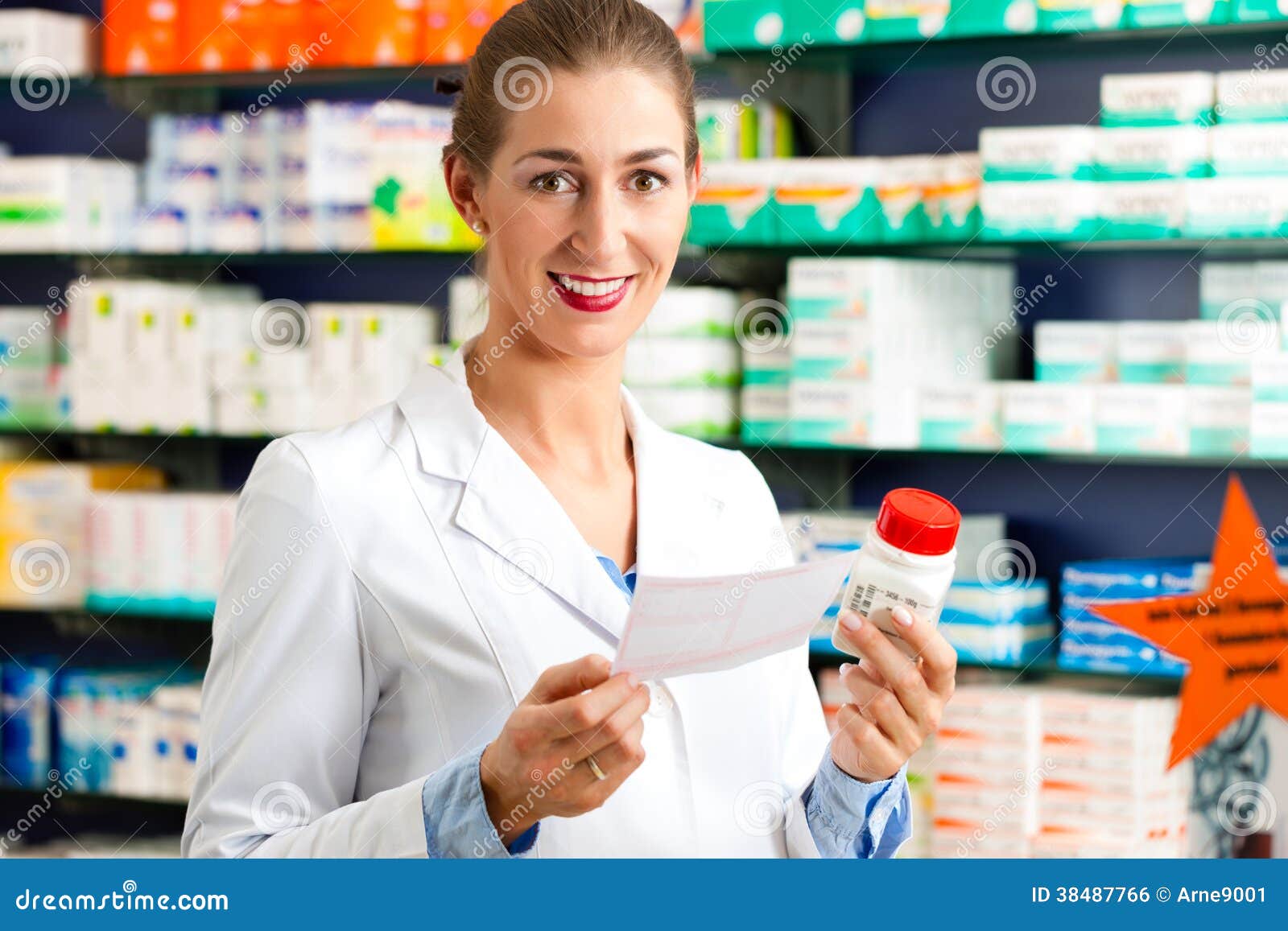 Female Pharmacist in Pharmacy with Medicament Stock Photo - Image of ...