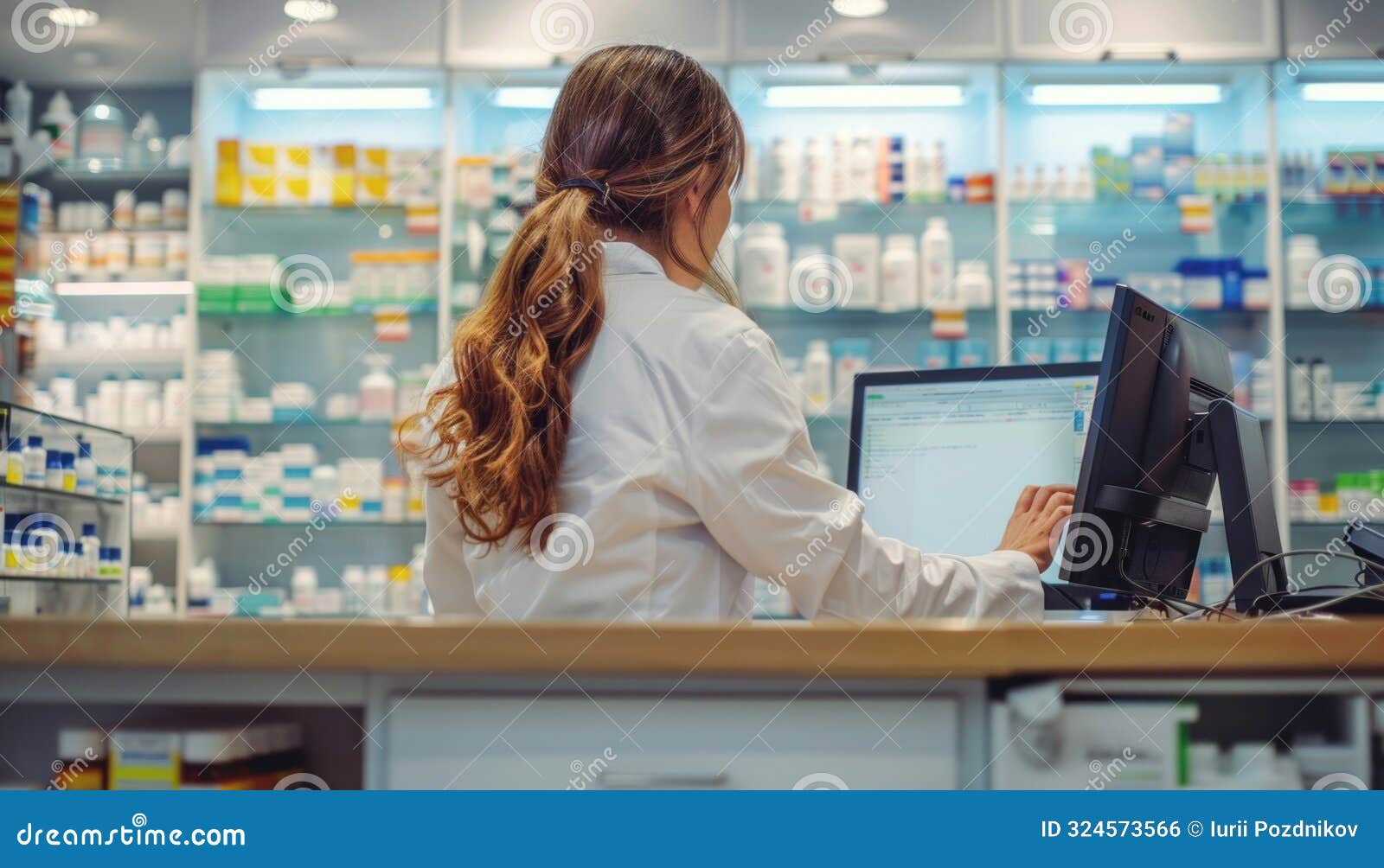A Female Pharmacist in a Pharmacy Working on a Computer, Helping ...