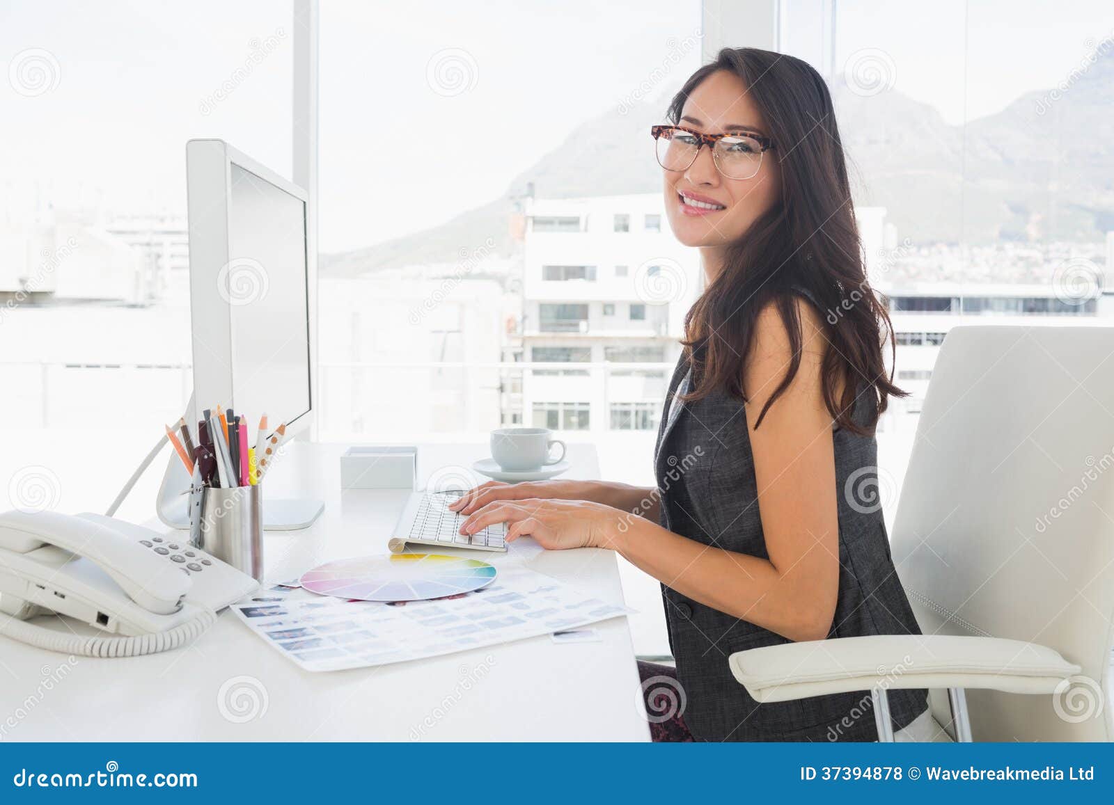 Female Photo Editor Working on Computer Stock Photo - Image of side ...