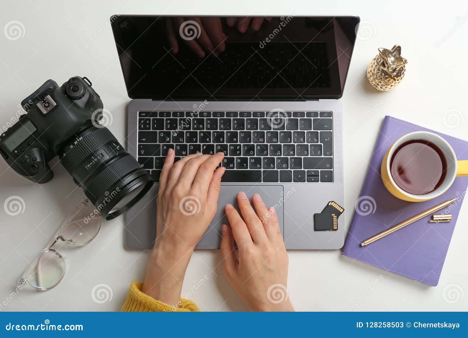 Female Photographer Using Laptop at Table Stock Image - Image of ...