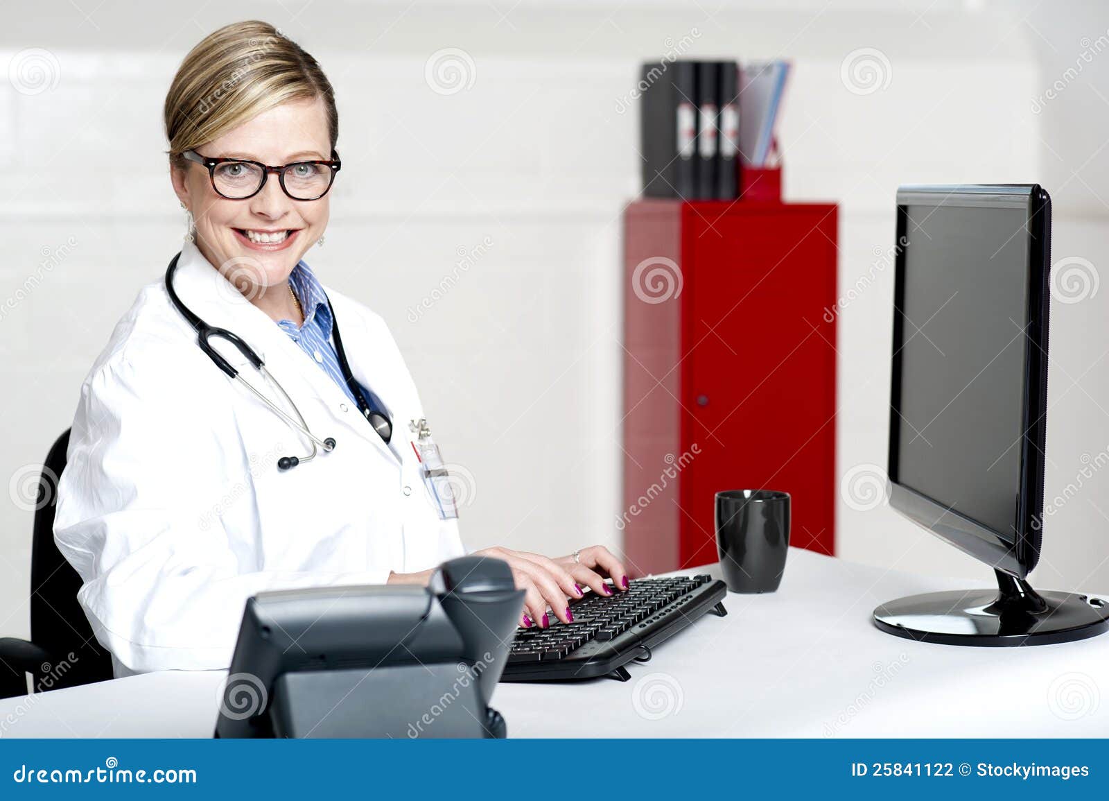 Female Physician Using Computer Stock Photo - Image of care, cheerful ...