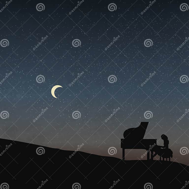 A Female Pianist, Under the Moonlight Stock Vector - Illustration of ...