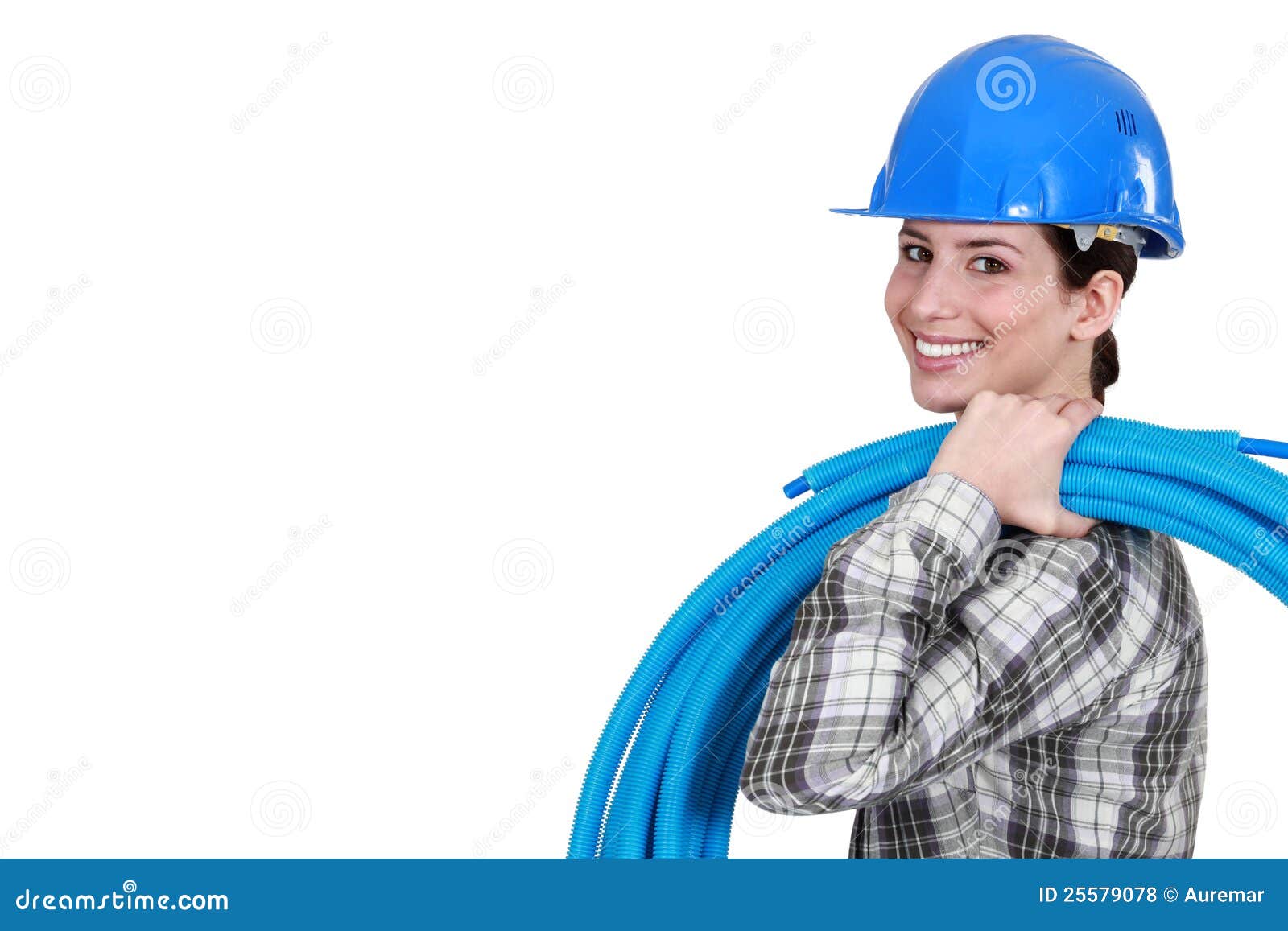 Female Plumber Carrying Pipes Stock Photo - Image of closeup, cheerful ...