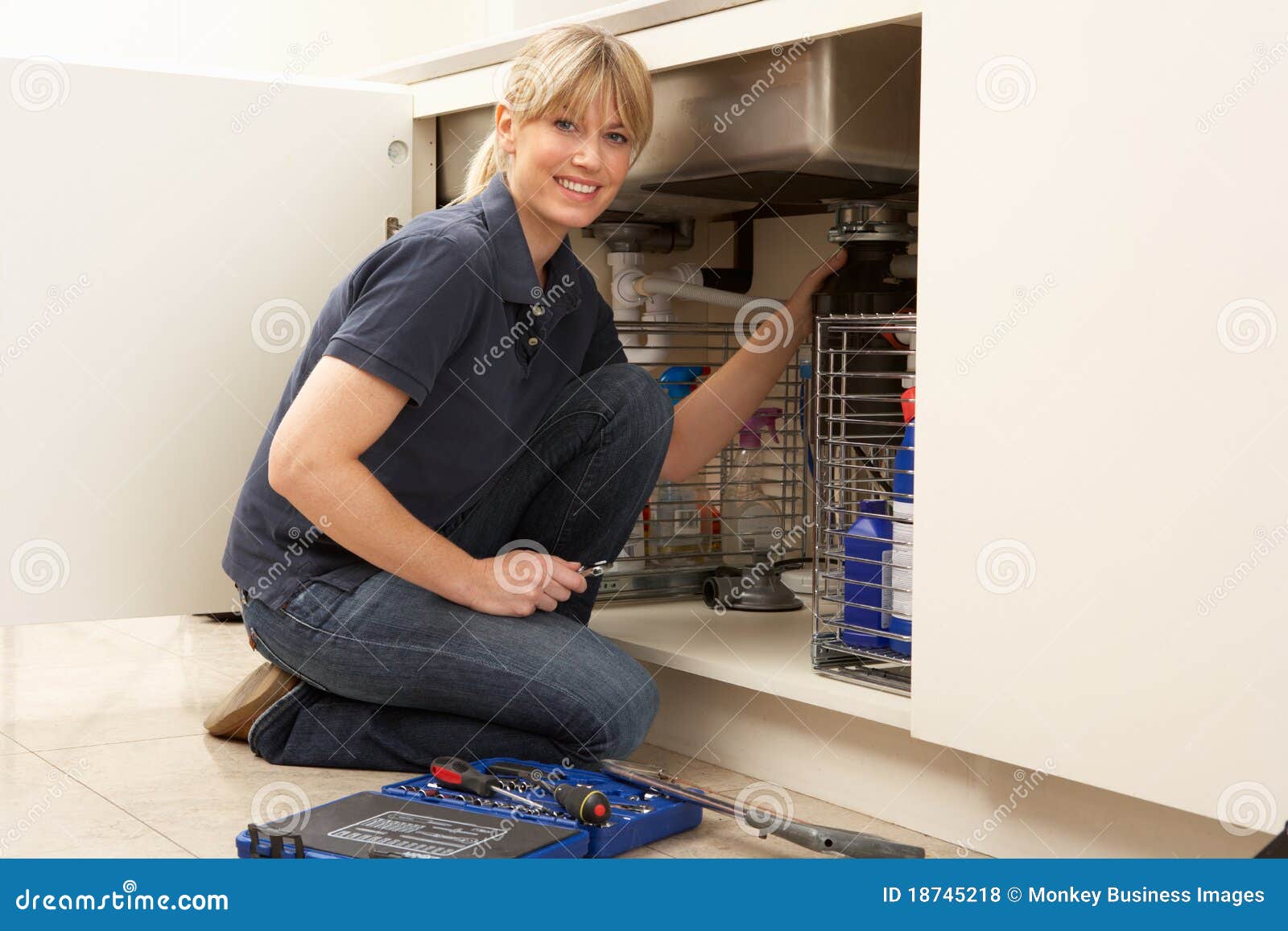 Female Plumber Working on Sink Stock Photo - Image of repairman, skill ...