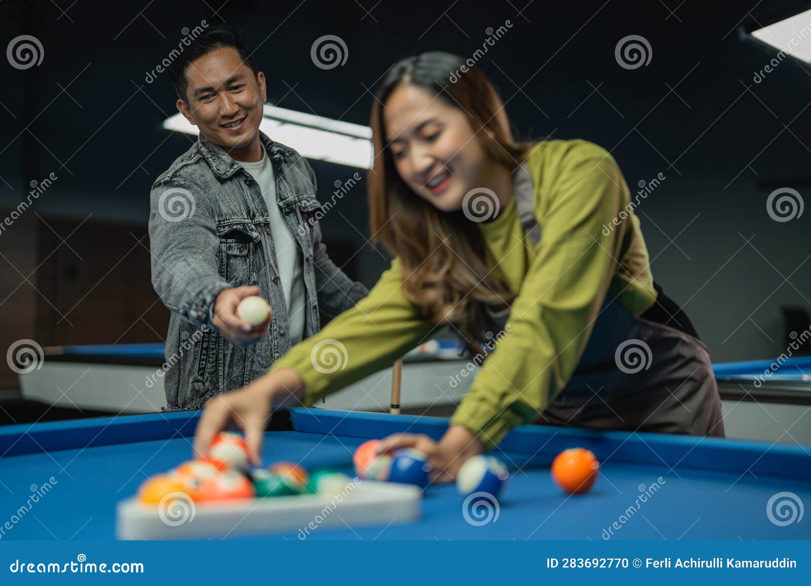 Pool Table Worker Helps Player Arranging the Balls with Triangle Rack ...