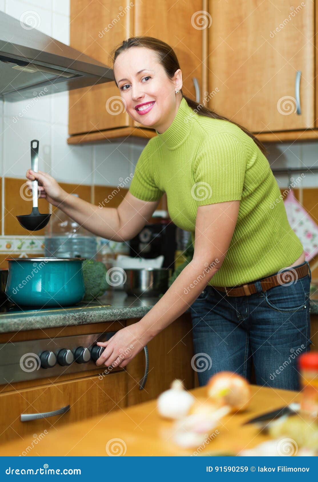 Female Preparing Meal in Kitchen Stock Image - Image of european ...