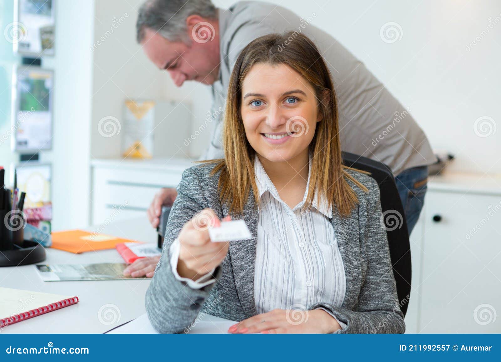 Female Profession Giving Contact Card Stock Image - Image of contact ...