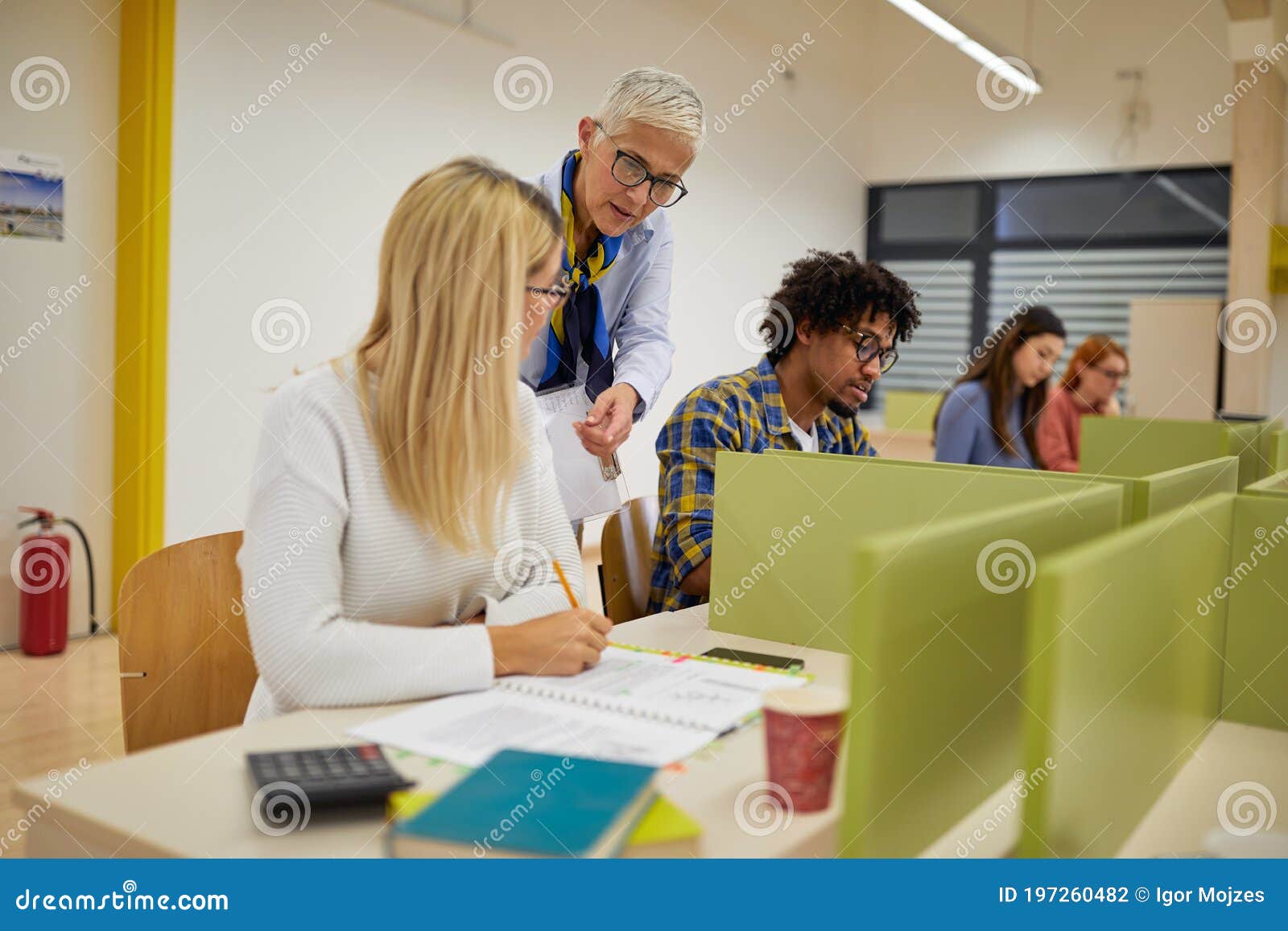 Female Professor Correcting Students Work Stock Photo - Image of ...