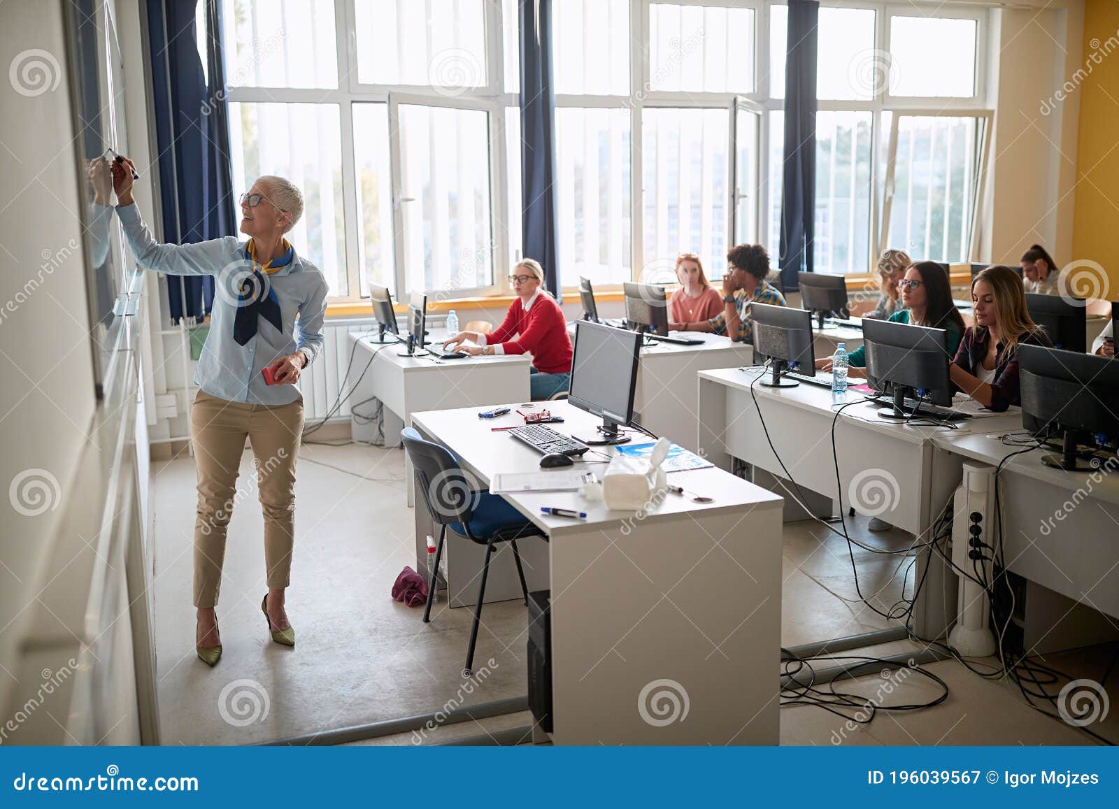 Female Professor Writing on the Board at an Informatics Lecture Stock ...