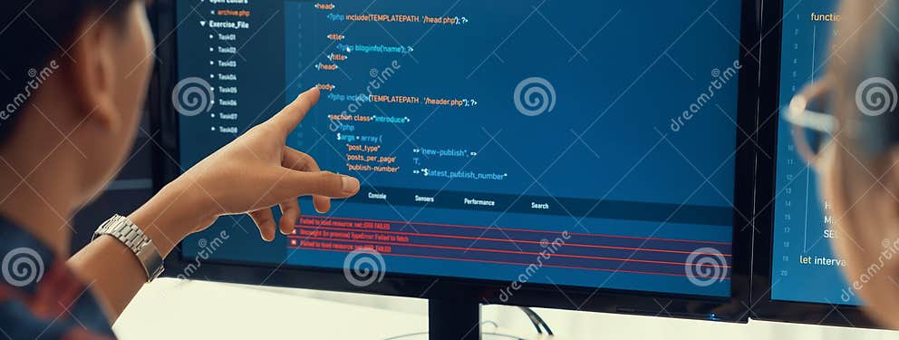 Female Programer Explain while Pointing Code Displayed on Computer. Burgeoning. Stock Photo ...