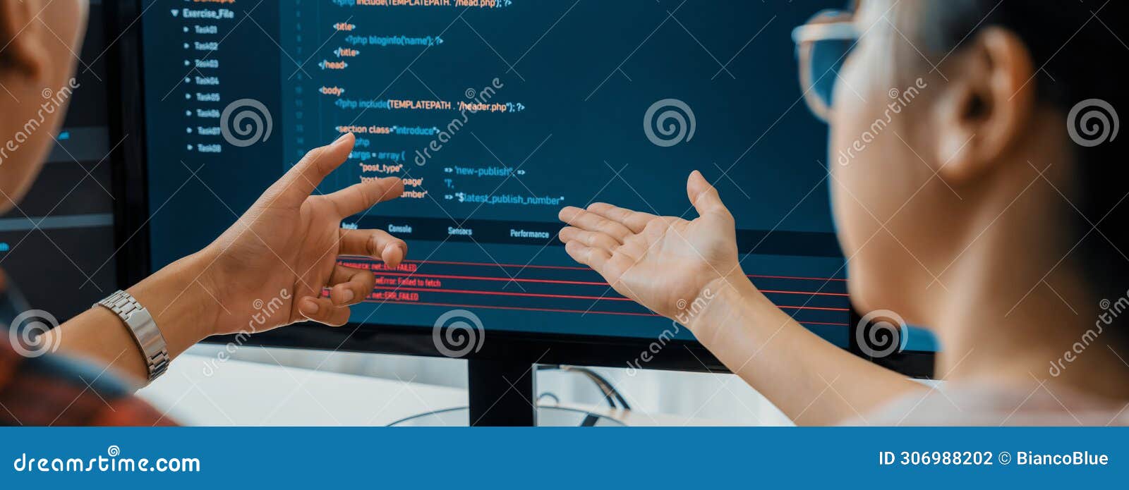 Female Programer Explain while Pointing Code Displayed on Computer. Burgeoning. Stock Photo ...