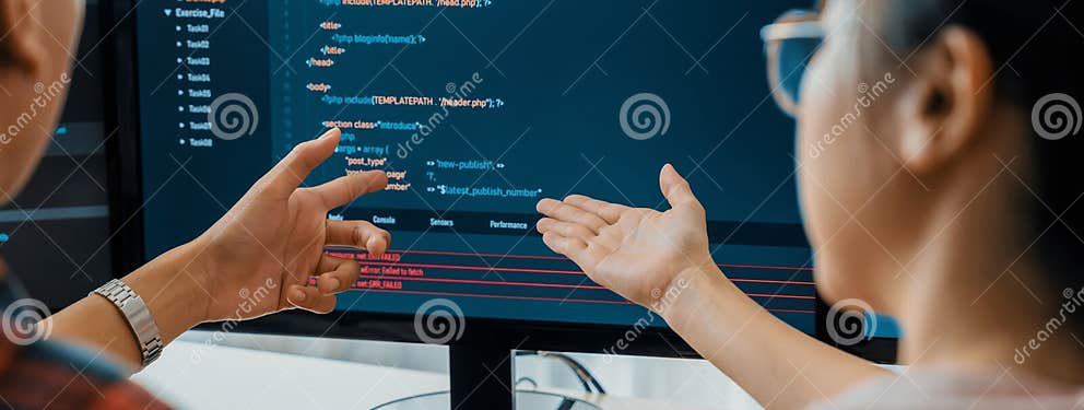 Female Programer Explain while Pointing Code Displayed on Computer ...