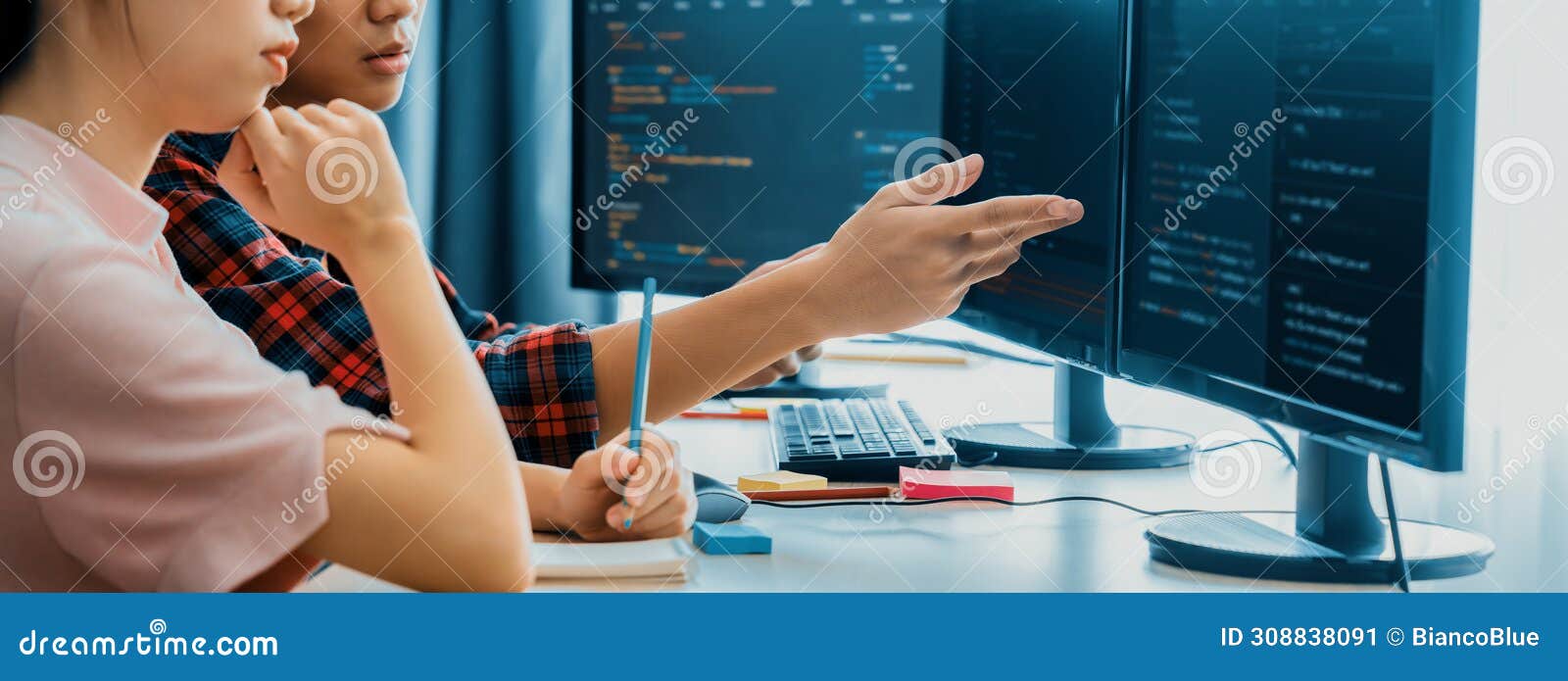 Female Programer Explain while Pointing Code Displayed on Computer. Burgeoning. Stock Image ...