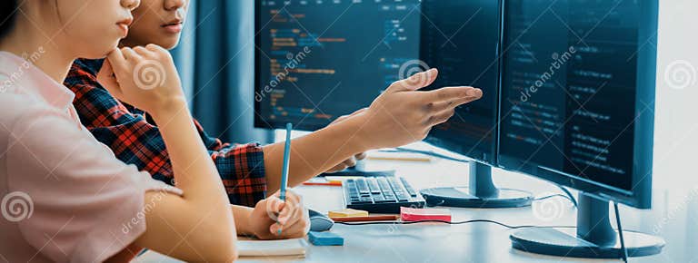 Female Programer Explain while Pointing Code Displayed on Computer. Burgeoning. Stock Image ...
