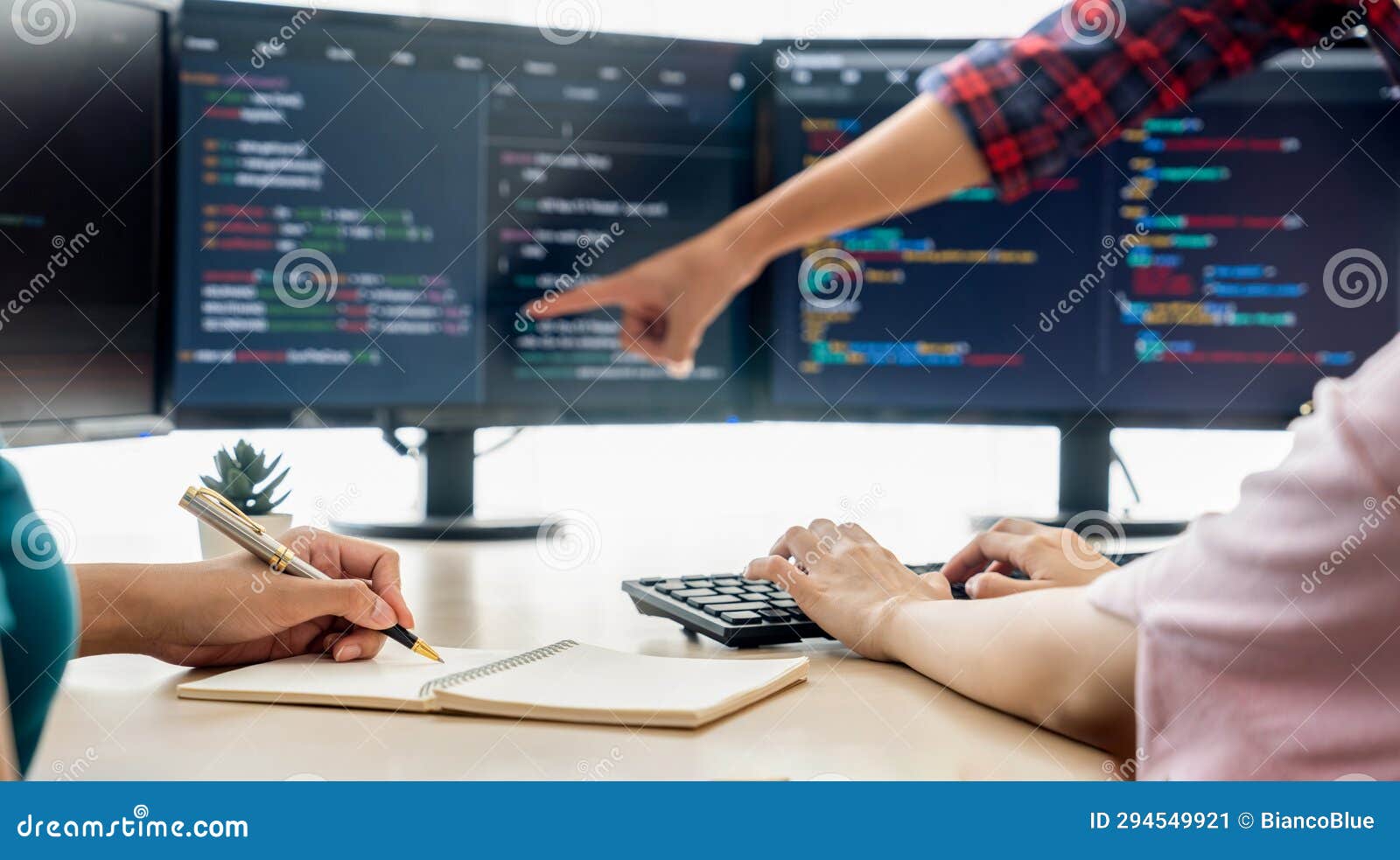 Female Programer Taking a Note while Web Developer Present Program ...