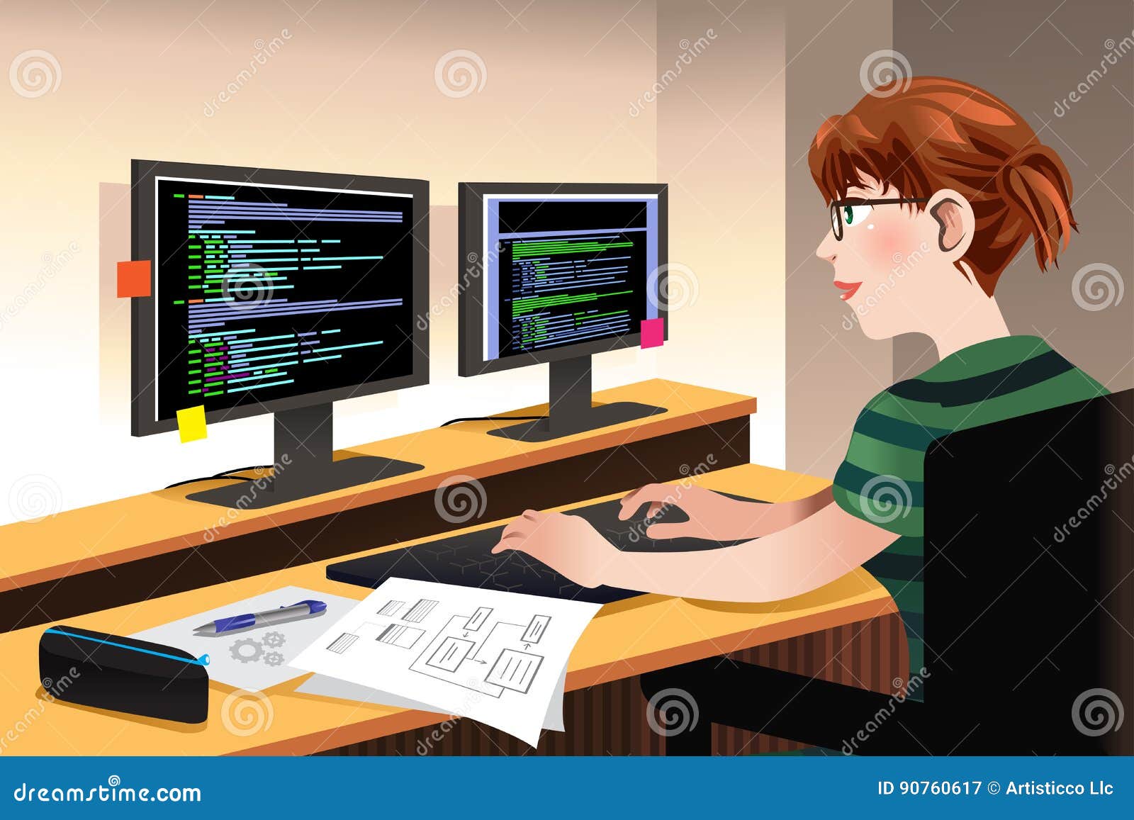 Female Programmer Coding On A Computer Stock Vector Illustration Of Developer Coder 90760617