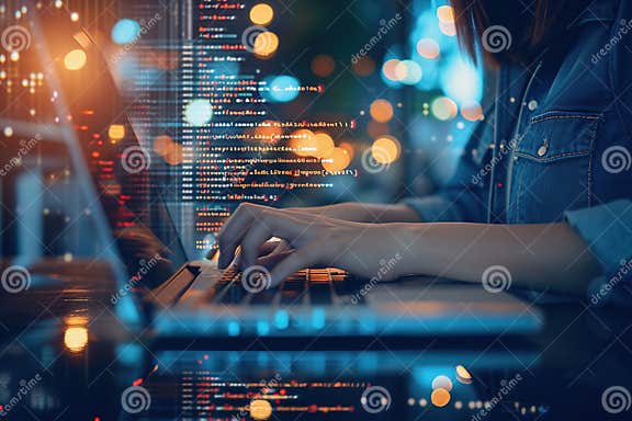 Female Programmer Coding in on Laptop during Nighttime Software ... Female Programmer Coding in on Laptop during Nighttime Software ...