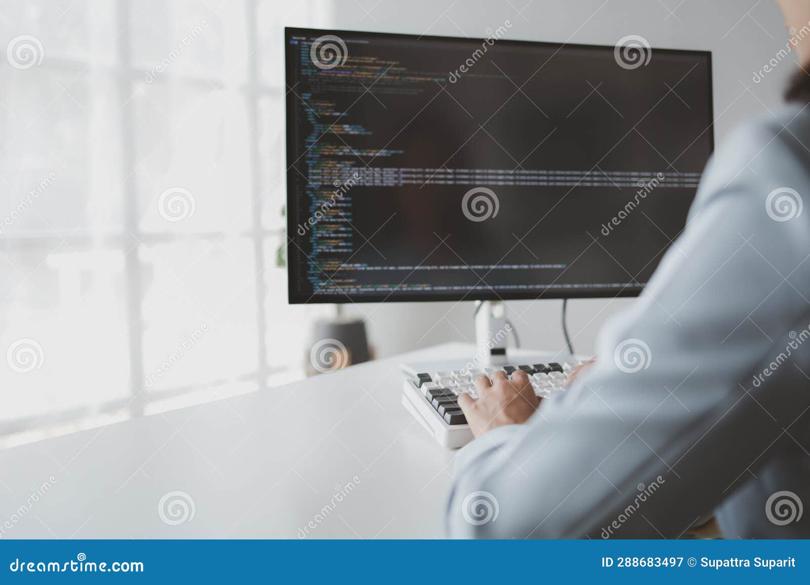 Female Programmer Typing On Computer Keyboard Programmer Designing Custom Computer Programming