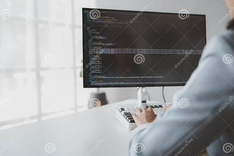 Female Programmer Typing on Computer Keyboard, Programmer Designing Custom Computer Programming ...