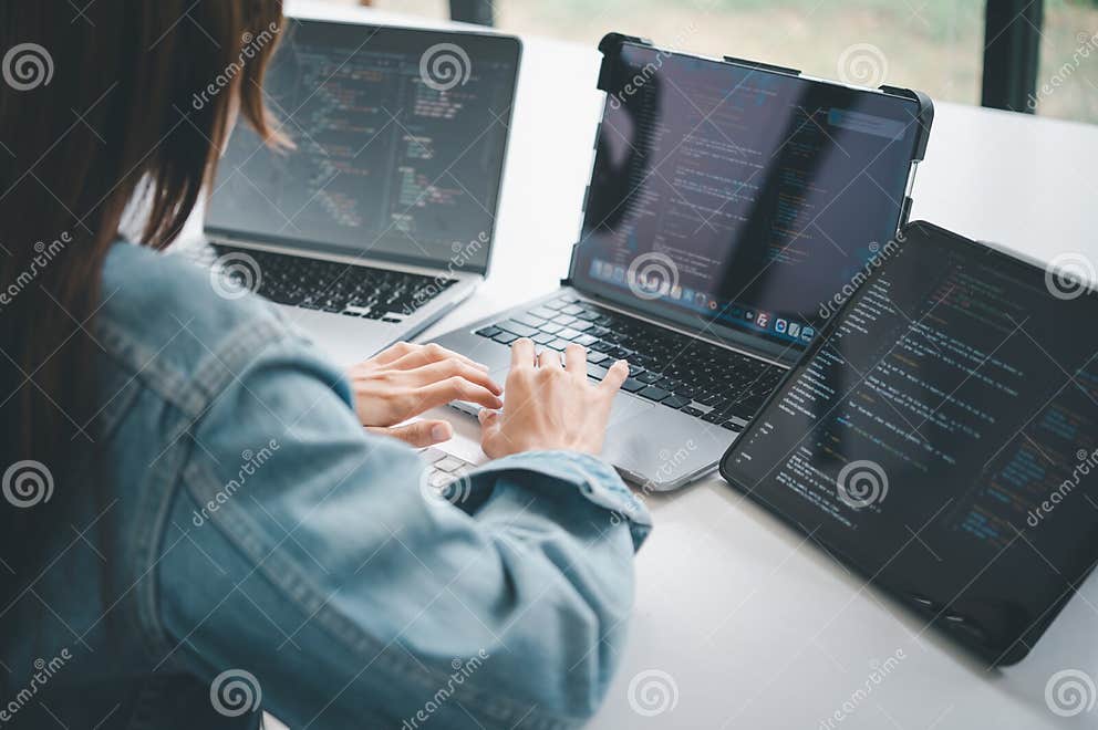 Female Programmer Working on Coding, Software Development and Web Design.Concept Technology ...