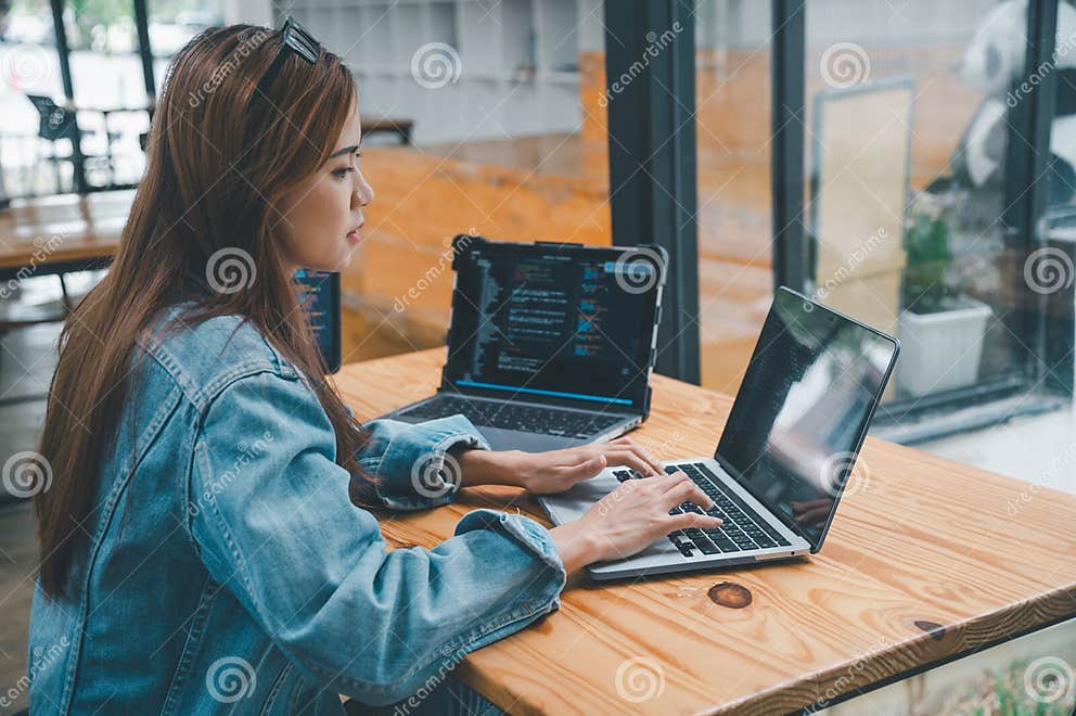 Female Programmer Working on Coding, Software Development and Web Design.Concept Technology ...