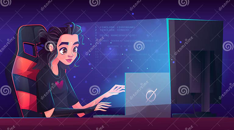 Female Programmer Working on Computer at Night Stock Illustration ...