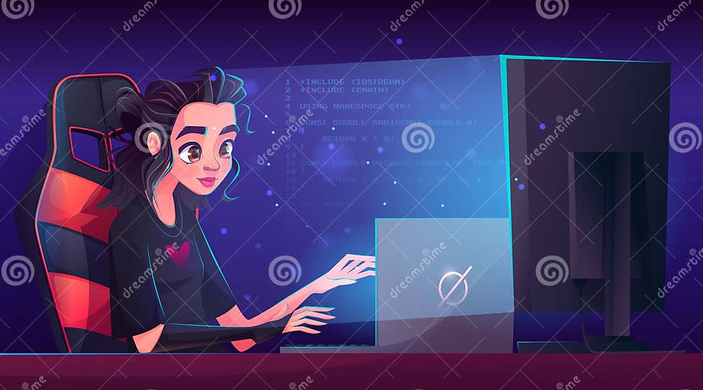 Female Programmer Working on Computer at Night Stock Illustration ...