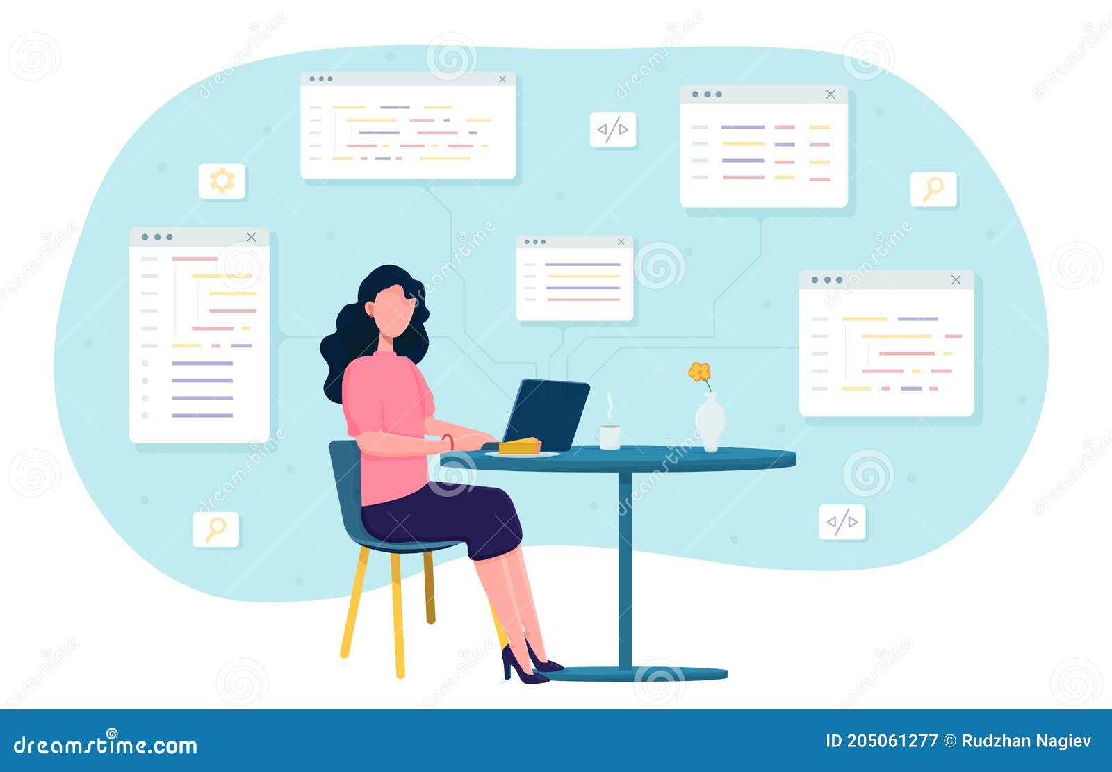 Female Programmer Working on Web Development Using Laptop Stock Vector ...