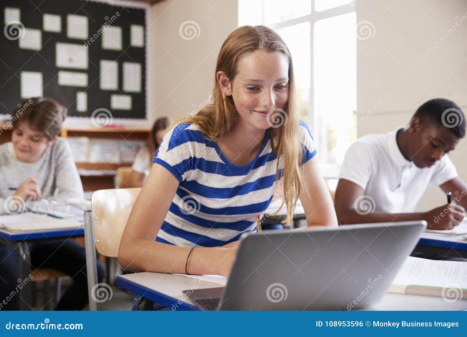 Female Pupil Sitting at Desk in Class Room Using Laptop Stock Photo ...