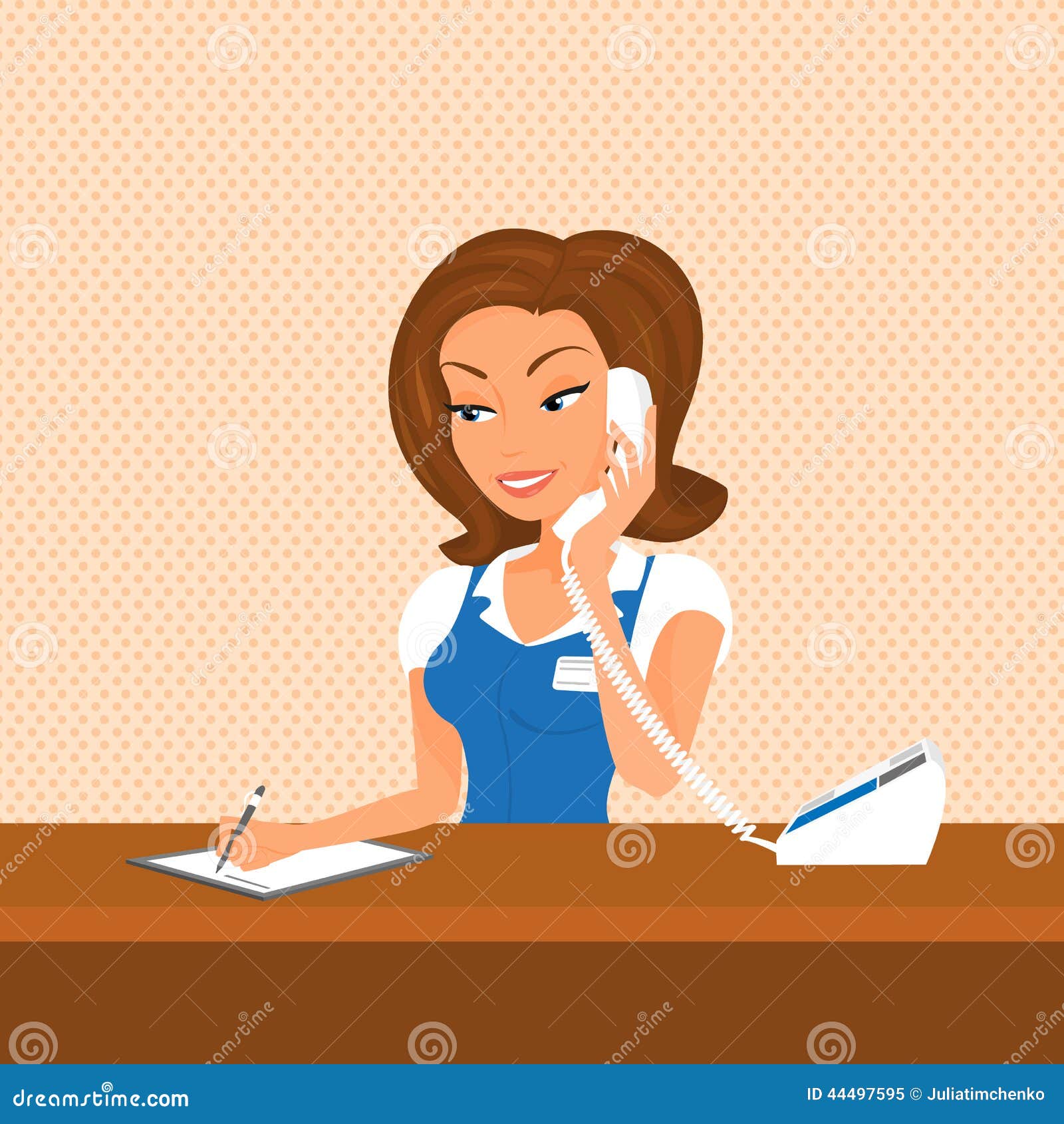 Female Receptionist In A Hotel With A Reception Bell Hand Drawn Outline ...