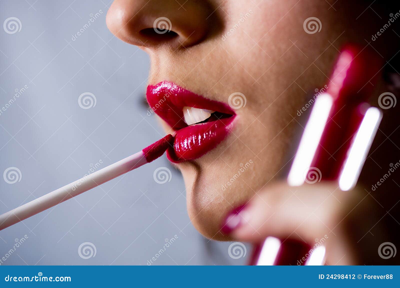 Female Red Gloss Lips with Brash Stock Photo - Image of closeup, hand ...