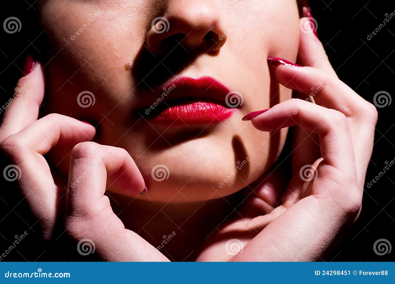 Female Red Gloss Lips with Hands Stock Image - Image of lady, lipstick ...