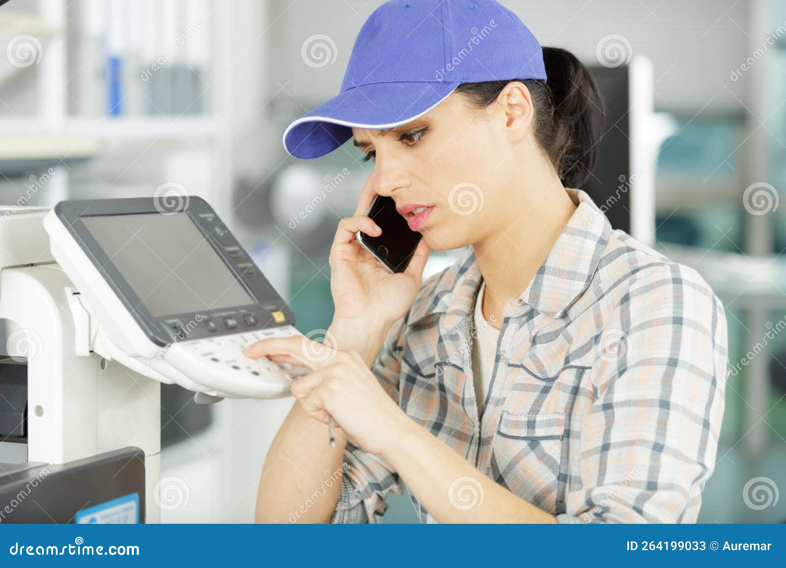 Female Repairer on Phone Fixing Printer Stock Image - Image of scan ...