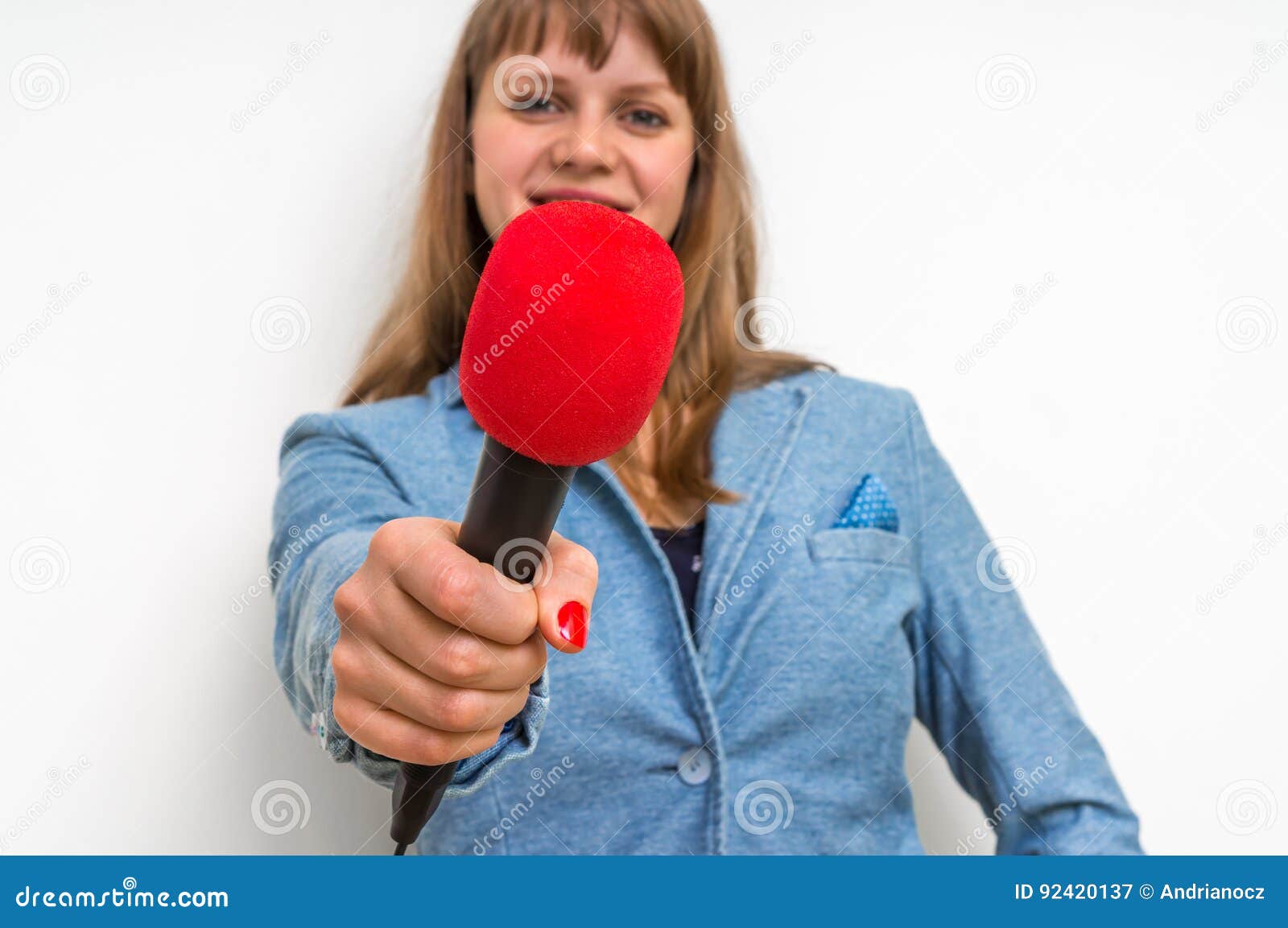 Female Reporter at Press Conference with Microphone Stock Image - Image ...