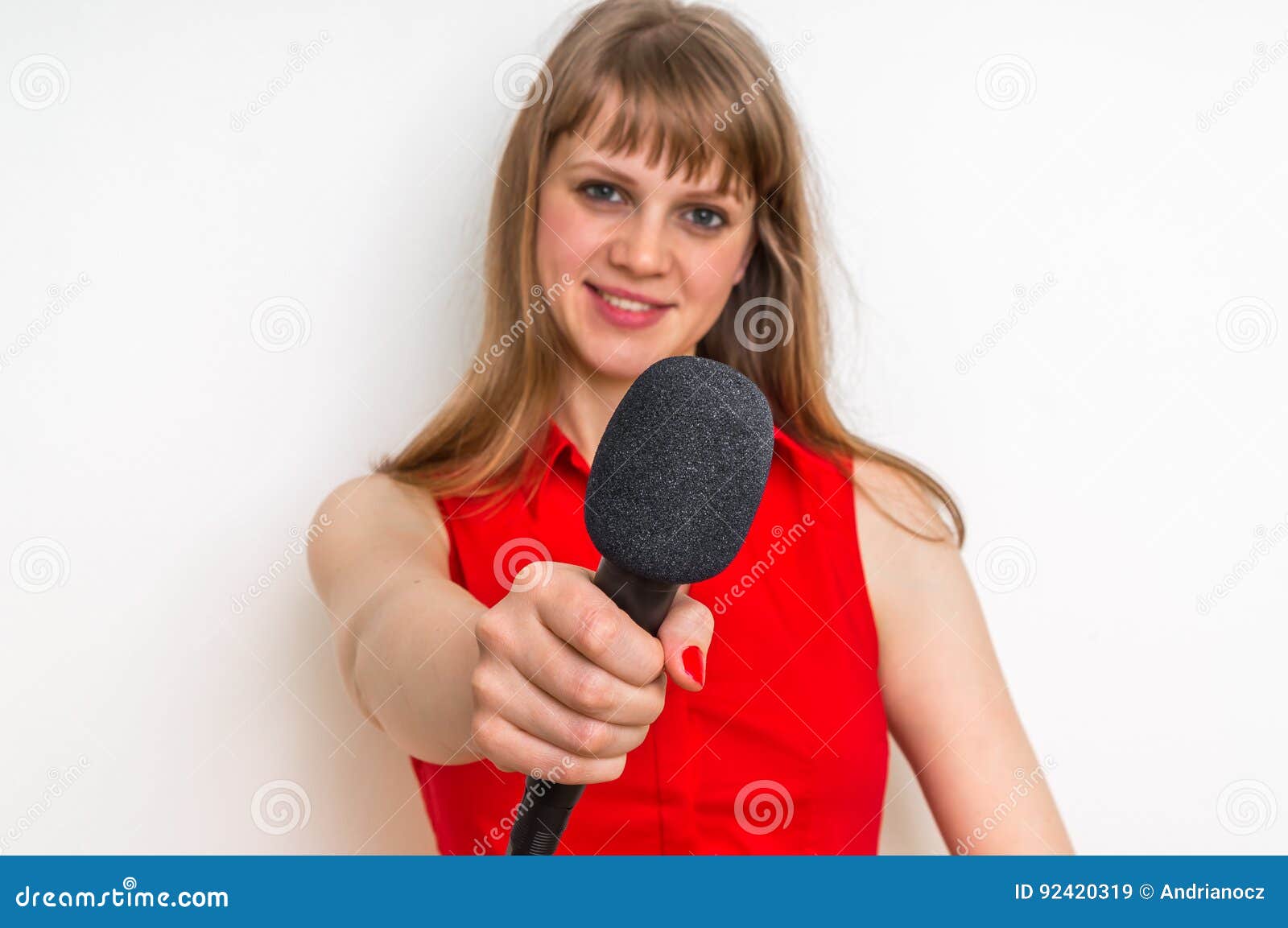 Female Reporter at Press Conference with Microphone Stock Image - Image ...