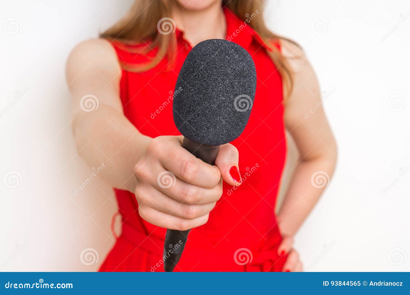 Female Reporter at Press Conference with Microphone Stock Image - Image ...