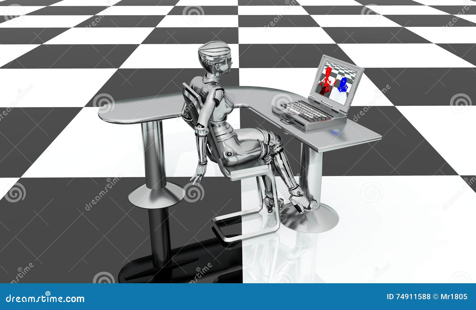 Female Robot, Desk and Laptop Stock Illustration - Illustration of ...
