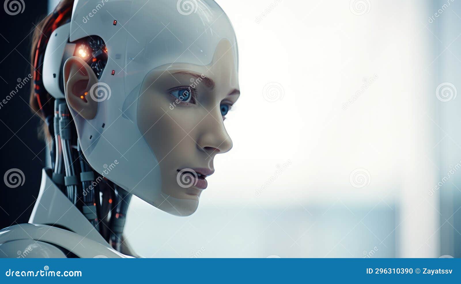 Female Robot Face Closeup on White Blurred Digital Background ...